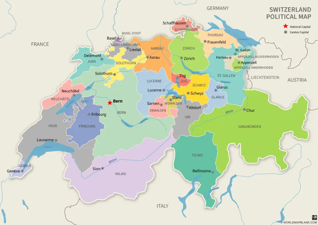 🇨🇭 Printable Map of Switzerland with Cantons [FREE] | WMB Maps