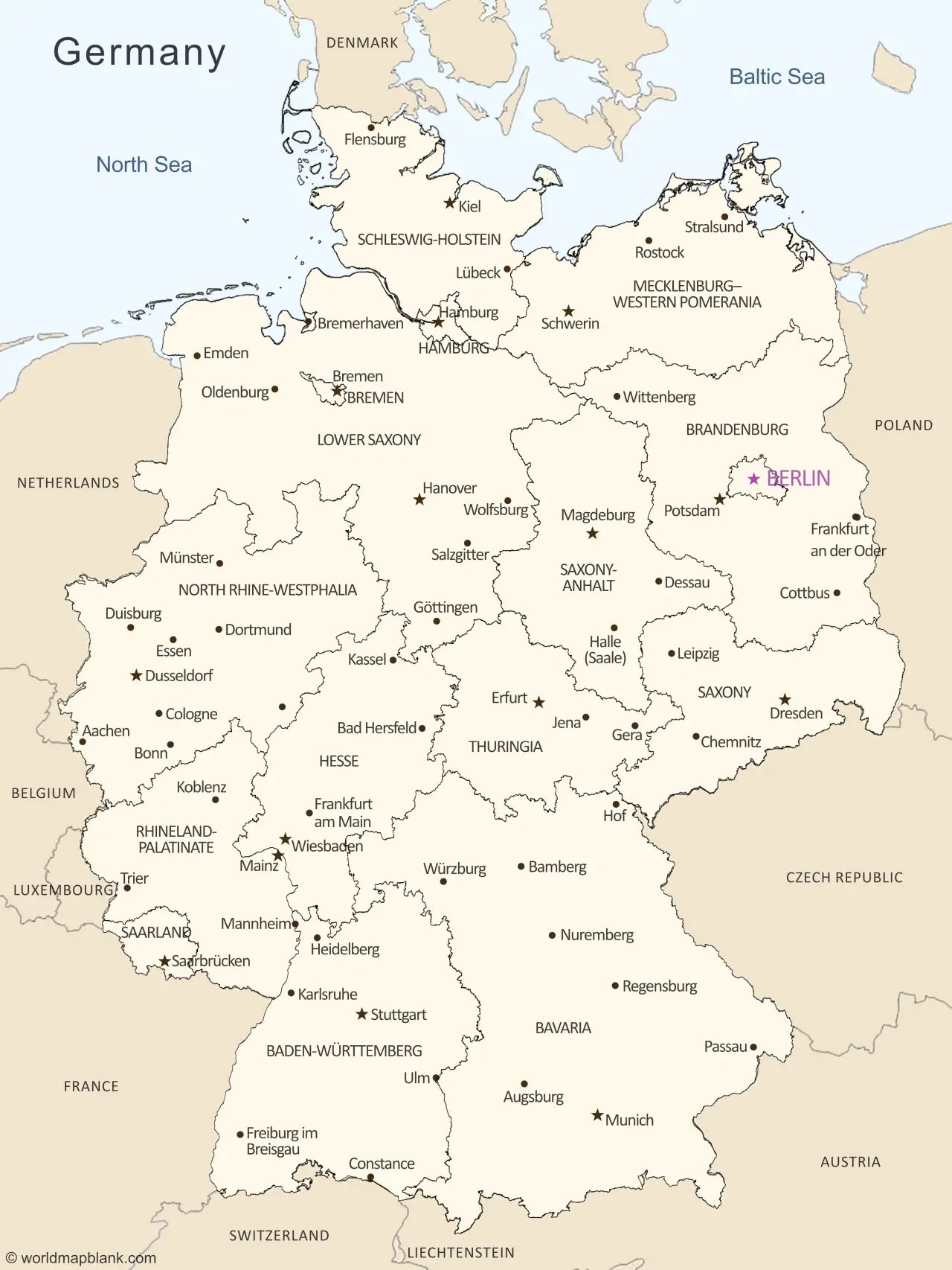 🇩🇪 Printable Map of Germany with States and Cities [FREE] | WMB Maps