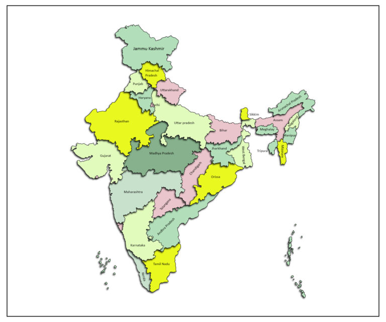 Labeled India Map with States, Capital, and Cities