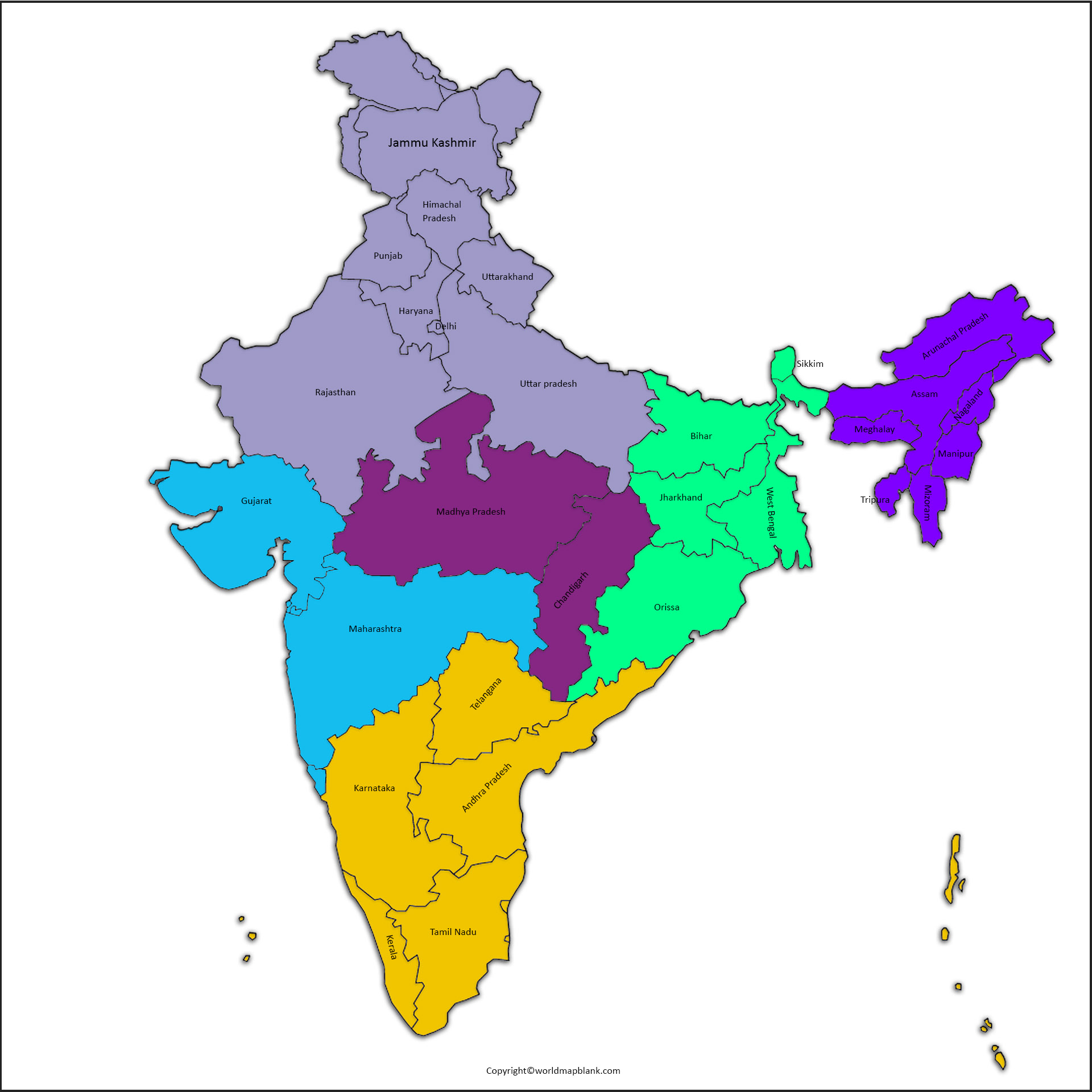 Labeled India Map with States, Capital, and Cities