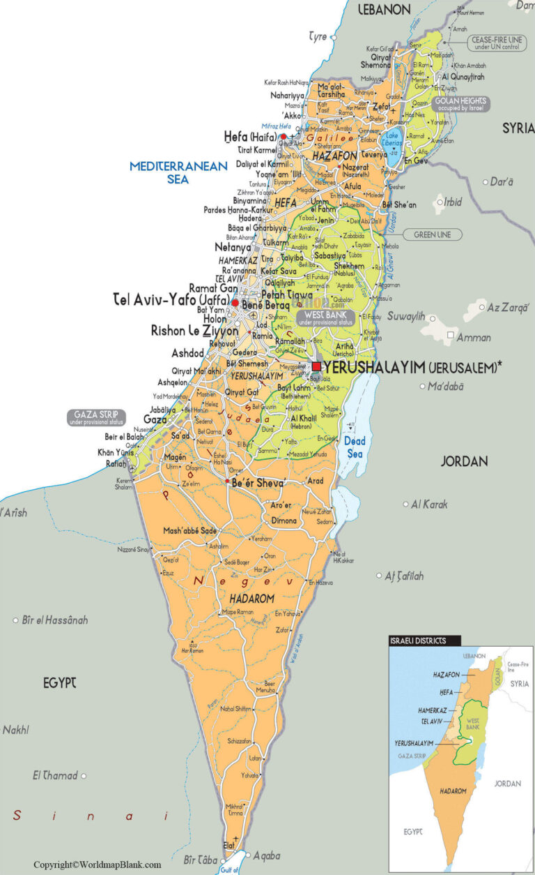 Labeled Map of Israel with States, Capital & Cities