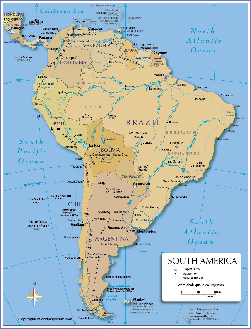 Labeled Map of South America with Countries in PDF