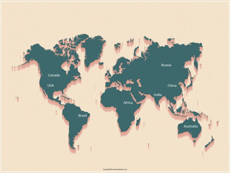 Printable Flat World Map with Continents Labeled in PDF