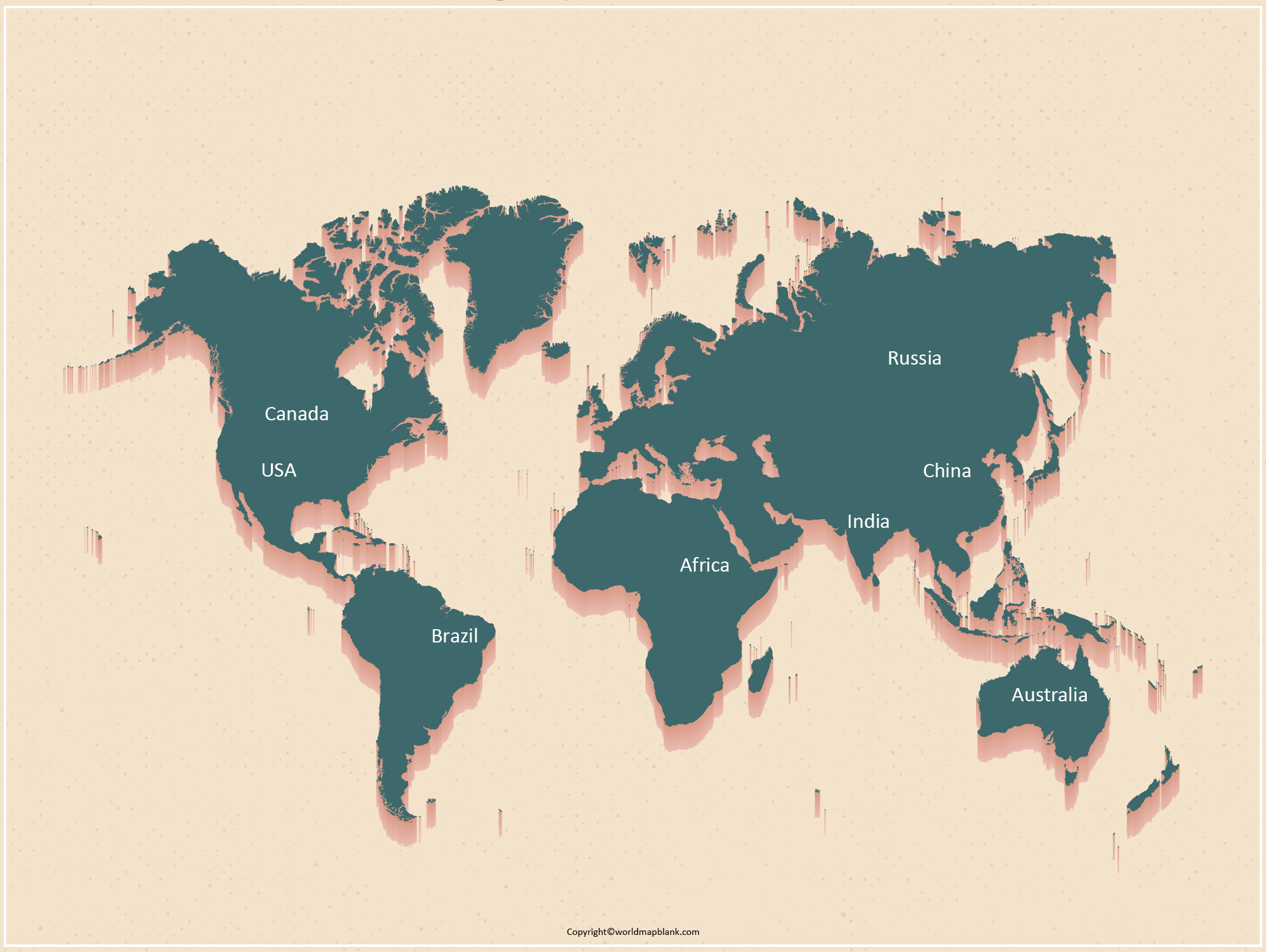 Printable Flat World Map with Continents Labeled in PDF