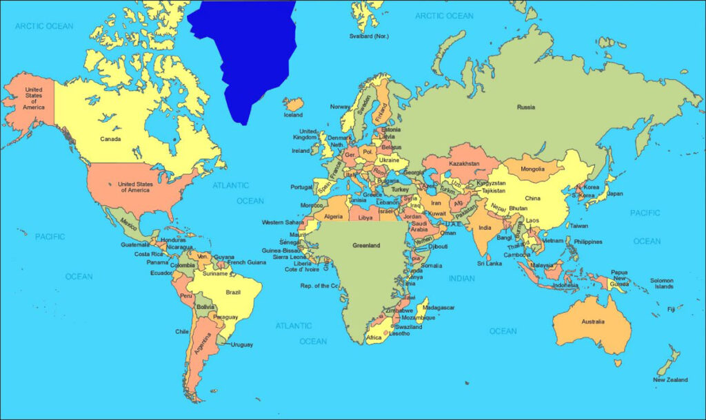 Printable Flat World Map with Continents Labeled in PDF