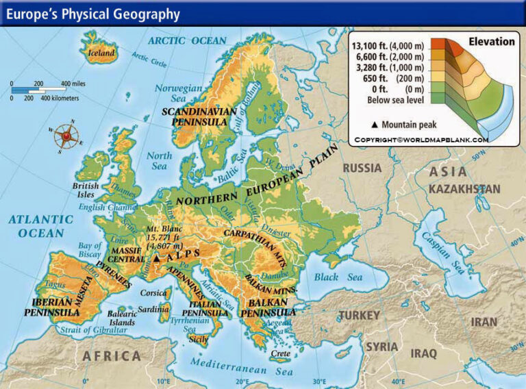 Printable Physical Map of Europe [FREE DOWNLOAD PDF]