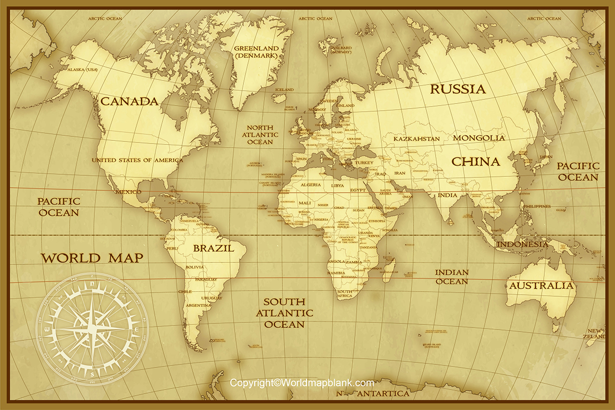 Free Printable World Map with Country Name List in PDF