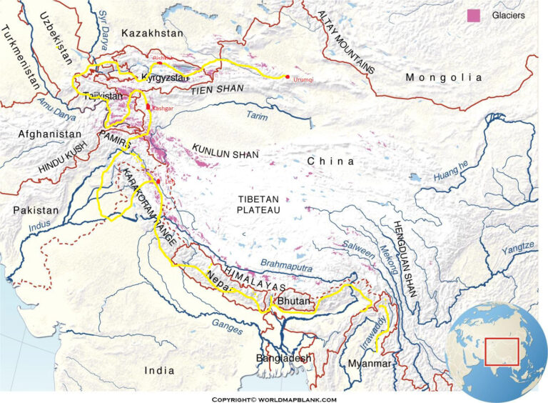 Printable Asia Mountains Map – Map of Asia Mountains – World Map Blank